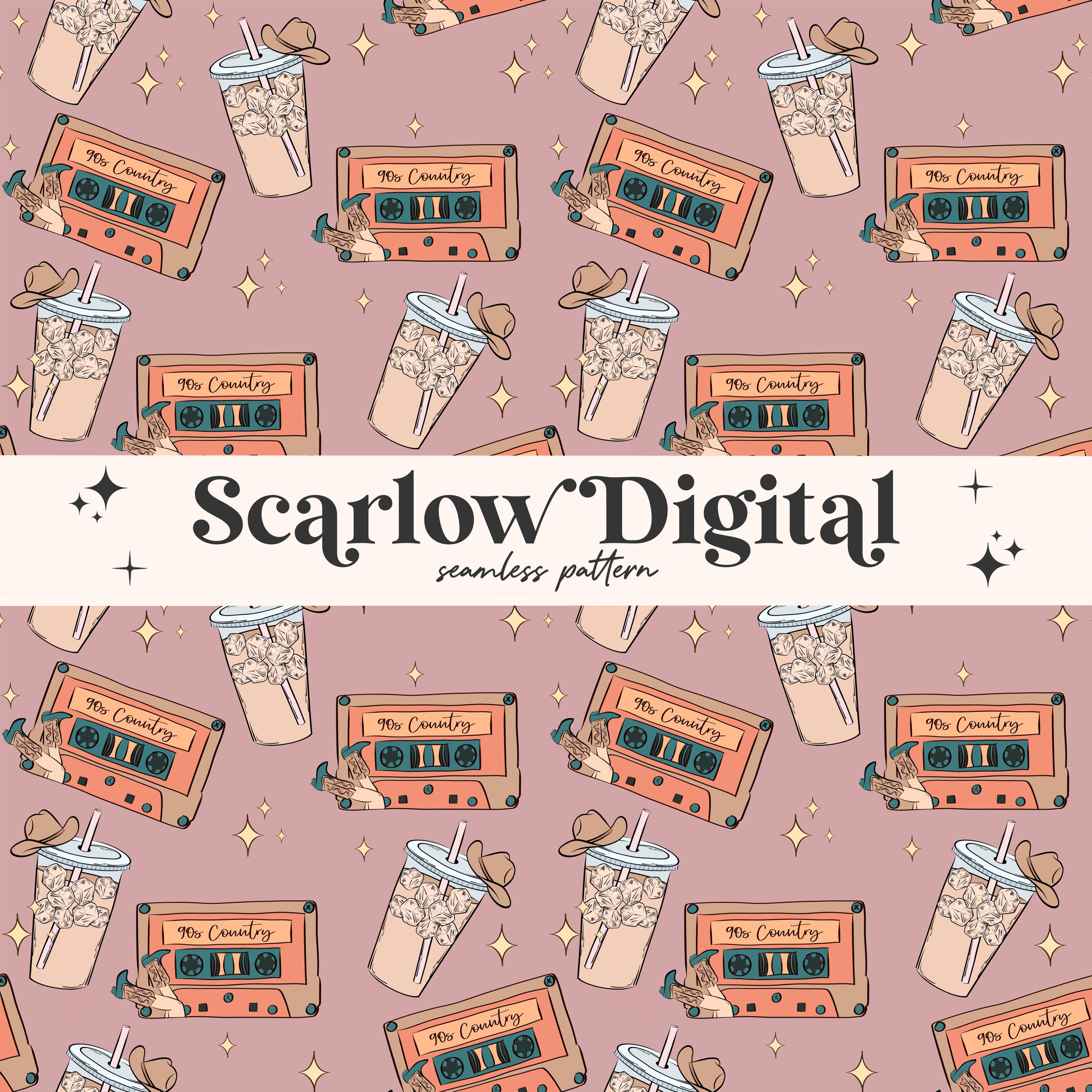 Iced Coffee & Country Music Seamless Pattern-Western Sublimation Digit ...